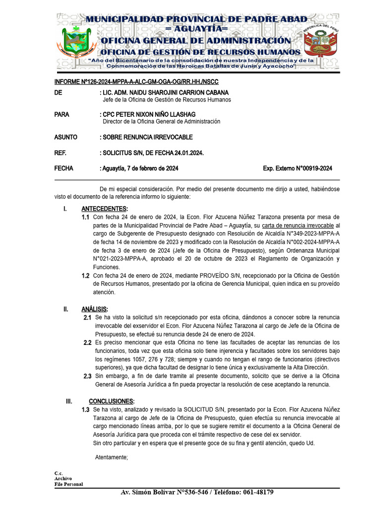 Informe N°126-2024 - Sobre Renuncia Irrevocable - Flor Azucena Nuñez ...