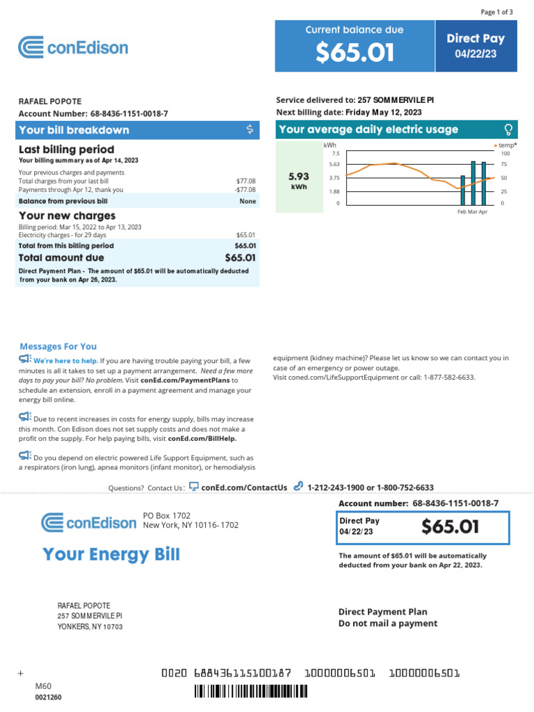 USA-Energy ConEdison Bill | PDF | Cheque | Fee