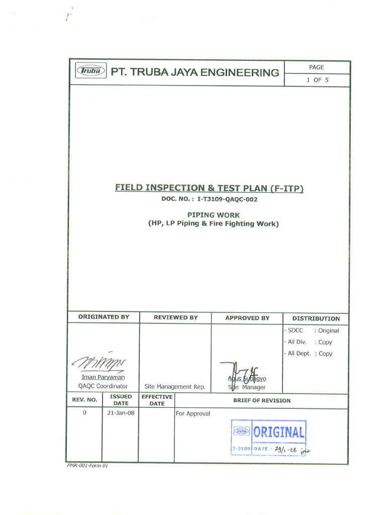 I-T3109-QAQC-002 FIELD INSPECTION _ TEST PLAN PIPING WORK ( HP,LP ...