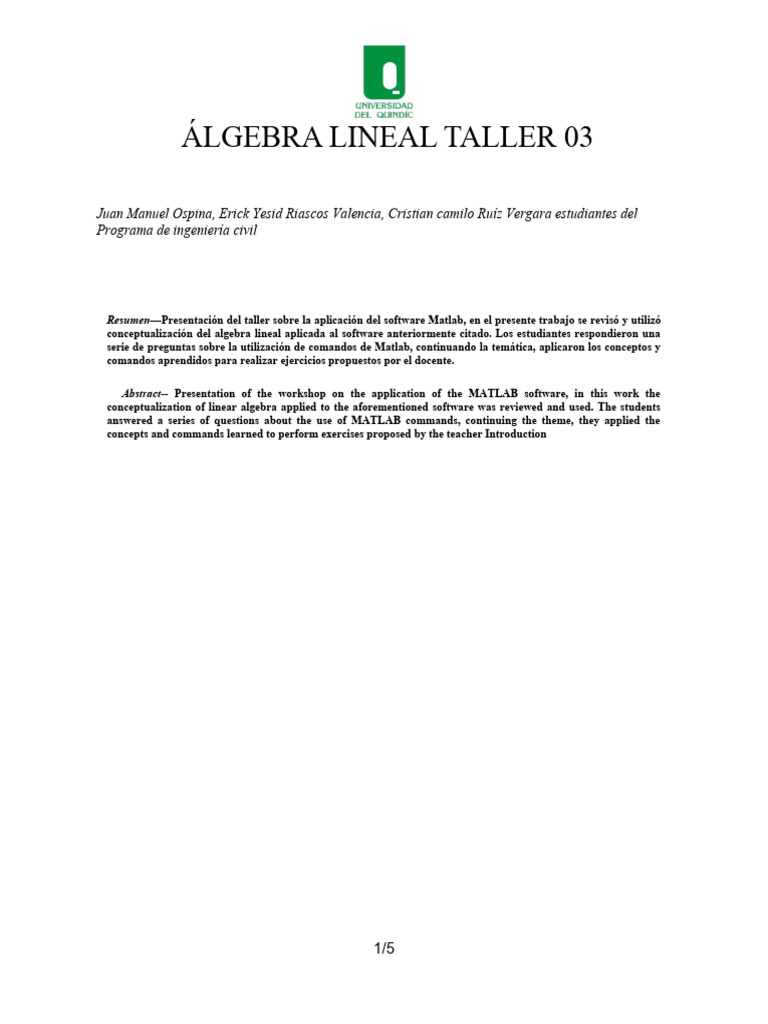 Taller 03 Matlab | PDF | Conceptos matemáticos | Matemáticas