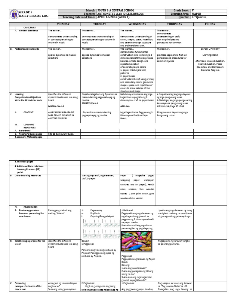 Grade 5 DLL MAPEH 5 Q4 Week 1 | PDF | Learning | Differentiated Instruction