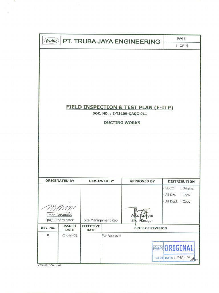 I-T3109-Qaqc-011 Field Inspection - Test Plan Ducting Works Rev.0 | PDF