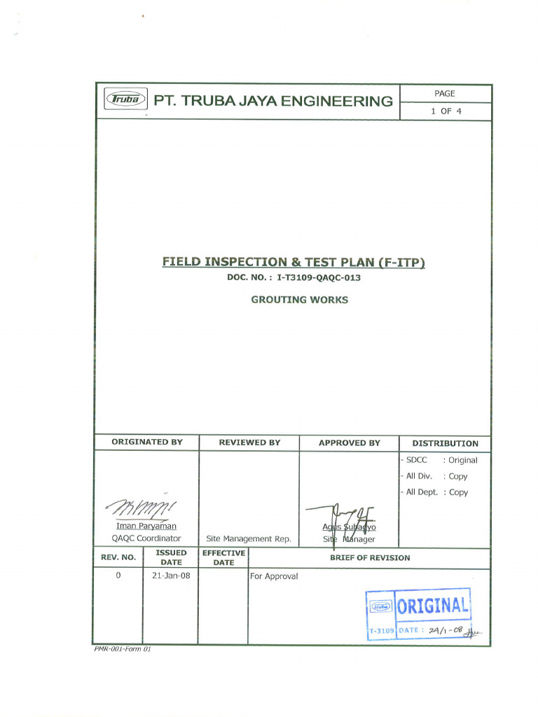 I-T3109-Qaqc-013 Field Inspection - Test Plan Grouting Work Rev.0 | PDF