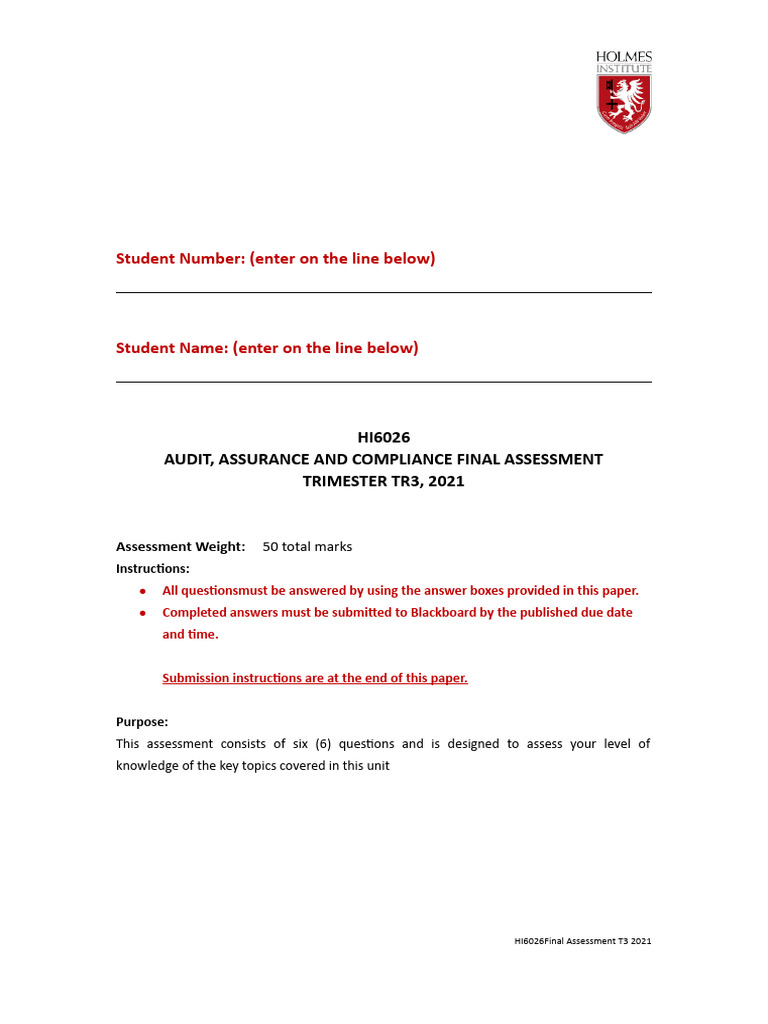 HI6026 Audit Final Assessment T3 2021 | PDF | Audit | Financial Audit