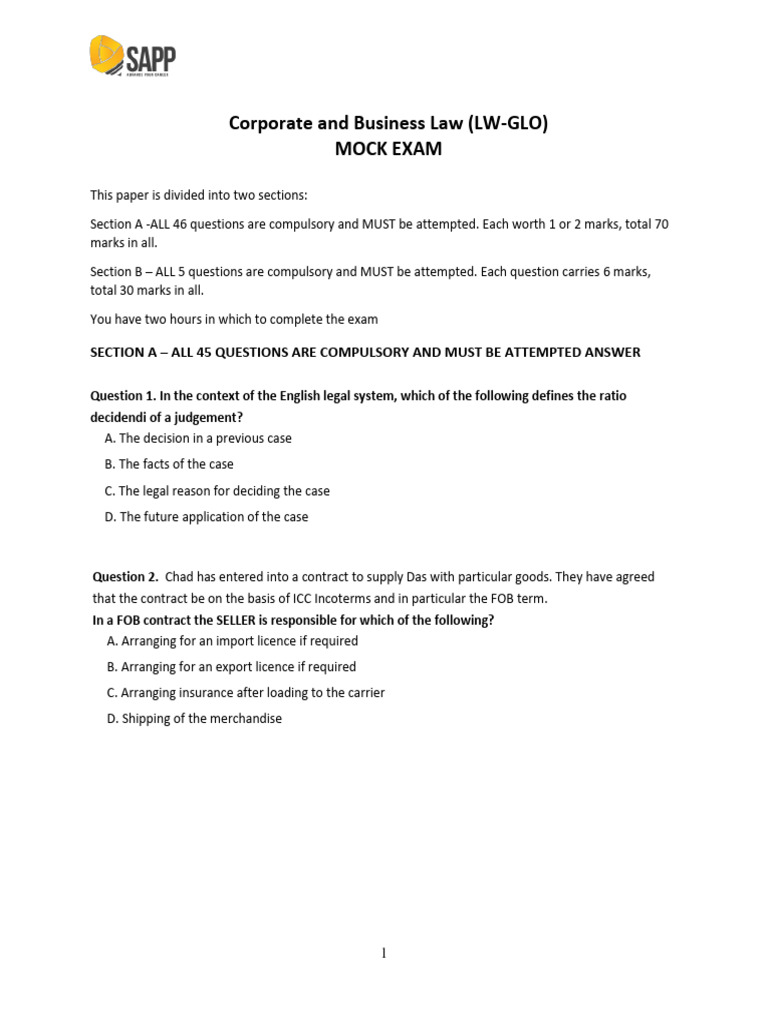 LW-GLO - Mock Test | PDF | Letter Of Credit | Legal Liability
