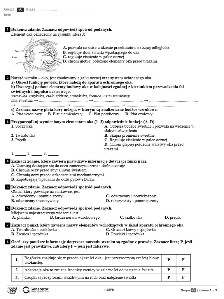 8.1 Budowa I Działanie Narządu Wzroku Test (Bez Widocznej Punktacji) | PDF