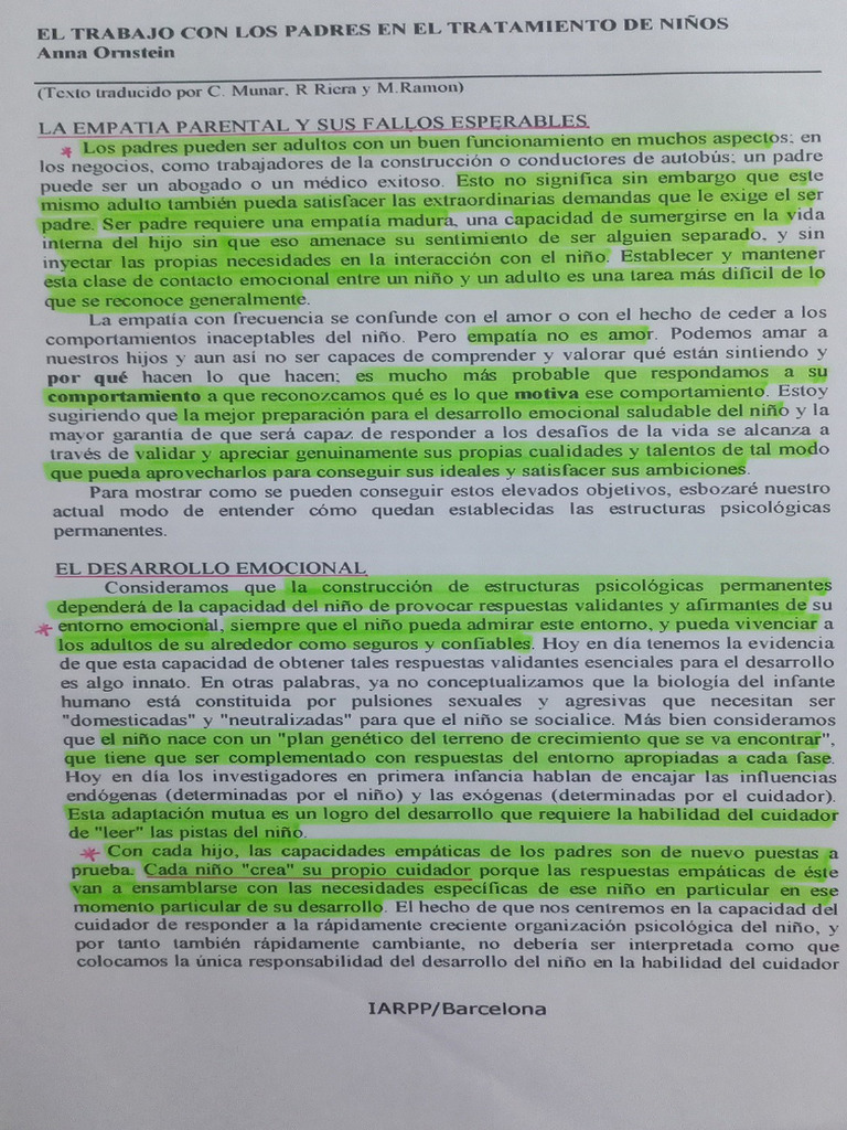 El Trabajo de Los Padres en El Tratamiento de Niños. Anna Ornstein | PDF
