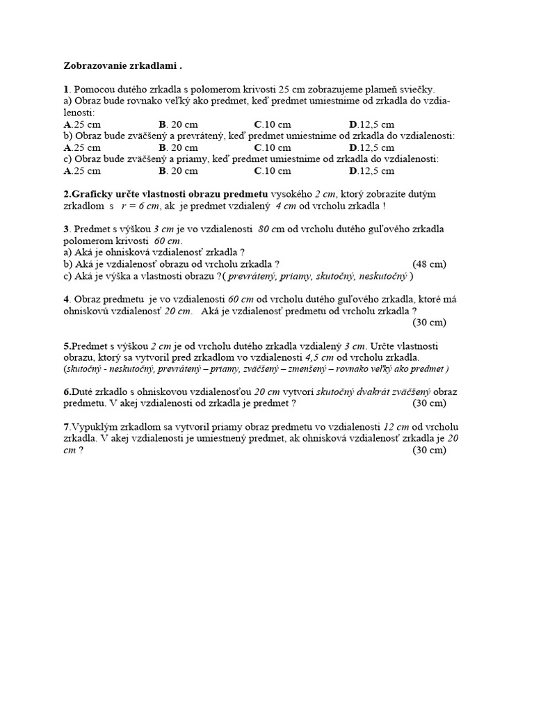 Zobrazovanie Zrkadlami - Úlohy. | PDF