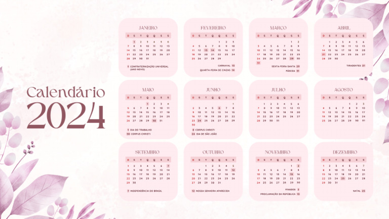 Calendário 2024 Ilustrado Aquarela Rosa e Lilás | PDF