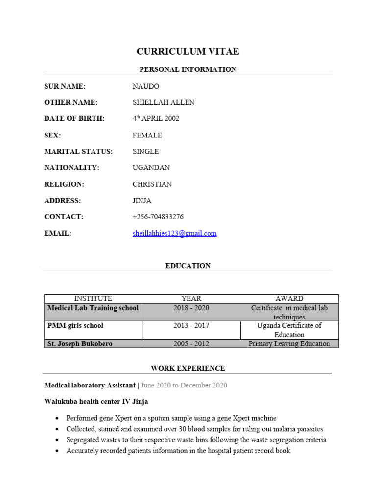Sheillah Cv | PDF | Medical Laboratory | Laboratories