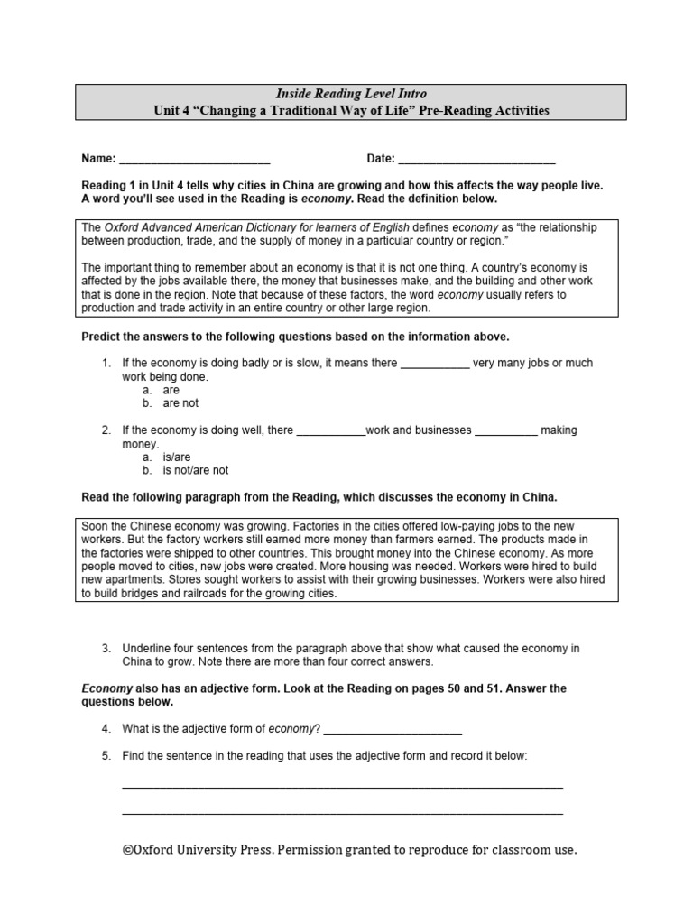 Ir Intro Level Reading Worksheet U04 | PDF | Economies