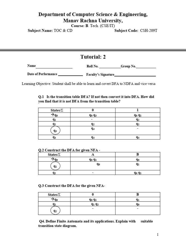 Tutorial 2 NFA To DFA, Elimination of Null Moves | PDF | Conceptual Model | Algorithms