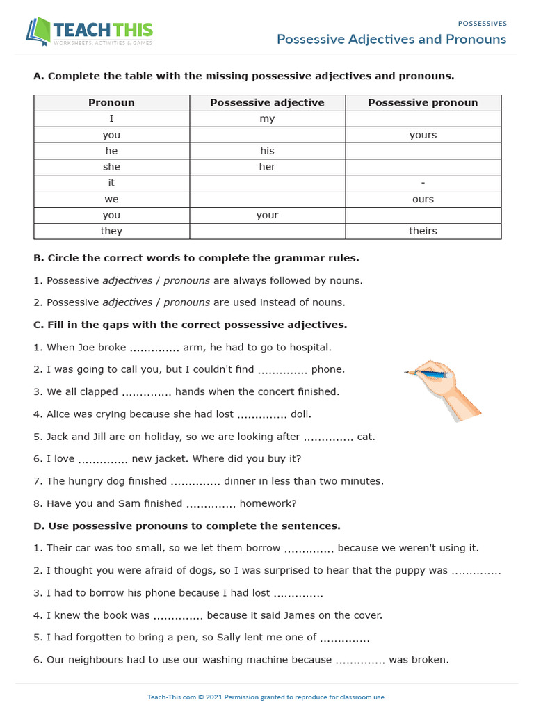 Possessive Adjectives and Pronouns Worksheet | PDF | Adjective | Pronoun