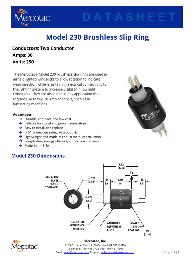 Datasheet: Model 230 Brushless Slip Ring | PDF | Electrical Engineering ...