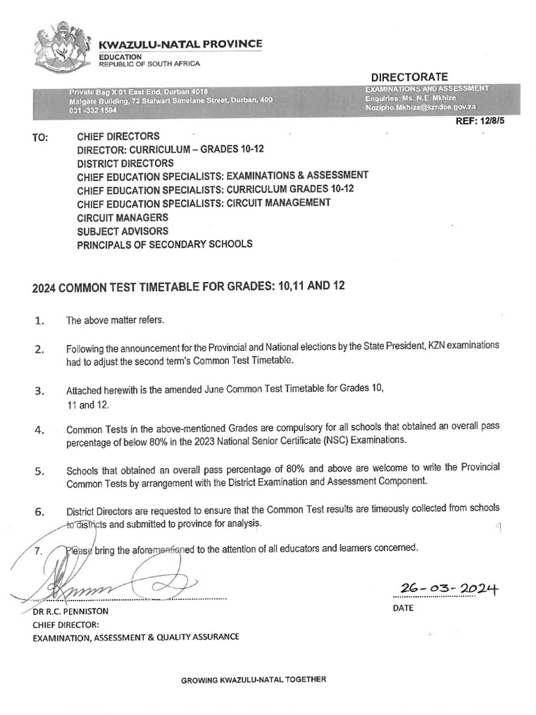 Amended Common Test Timetable 2024 | PDF