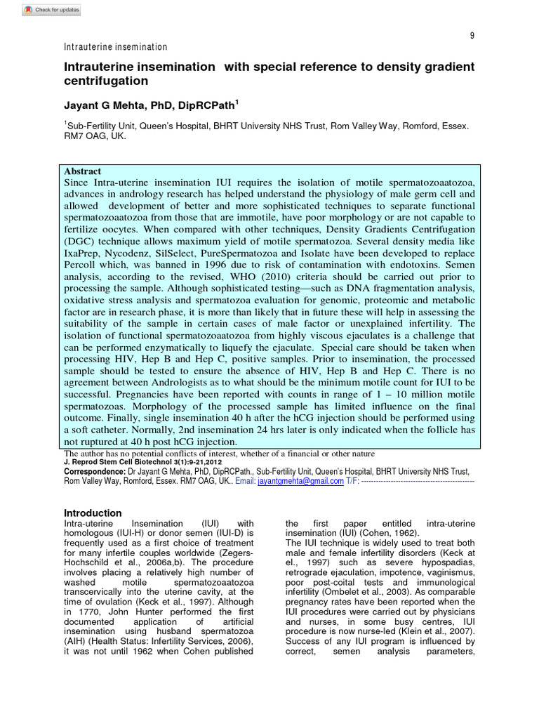 Mehta 2012 Intrauterine Insemination With Special Reference To Density Gradient Centrifugation ...