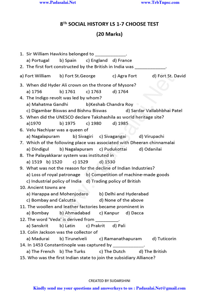 8th Social EM 1 Marks Question Paper English Medium PDF Download | PDF | South Asia | British India