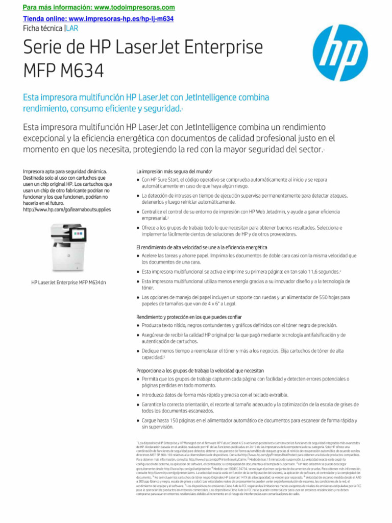 FICHA TECNICA HP LaserJet Enterprise MFP M634 | PDF