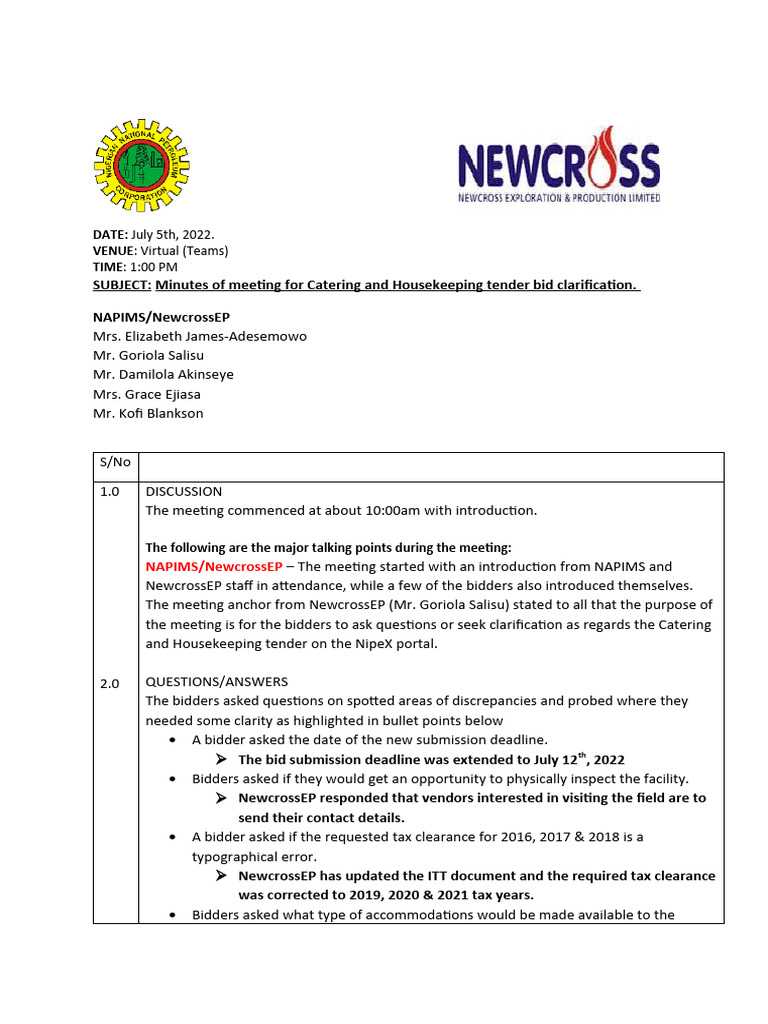Minutes of Meeting Between NAPIMS NewcrossEP Catering Tender Bid ...