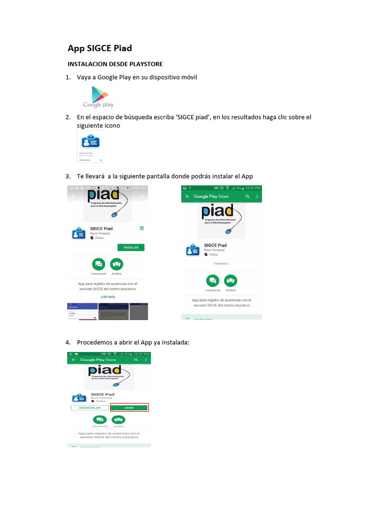 Guía Instalación SIGCE Piad App | PDF | Aplicación movil | Google Play