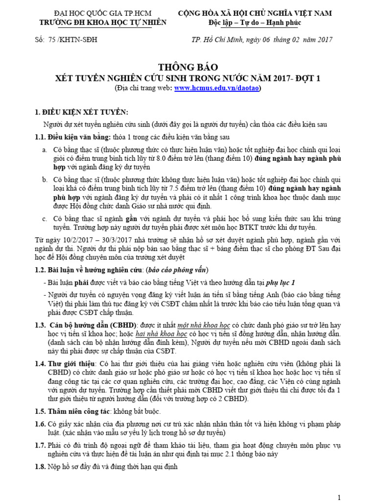 Thong Bao Xet Tuyen NCS 2017 DOT 1 | PDF