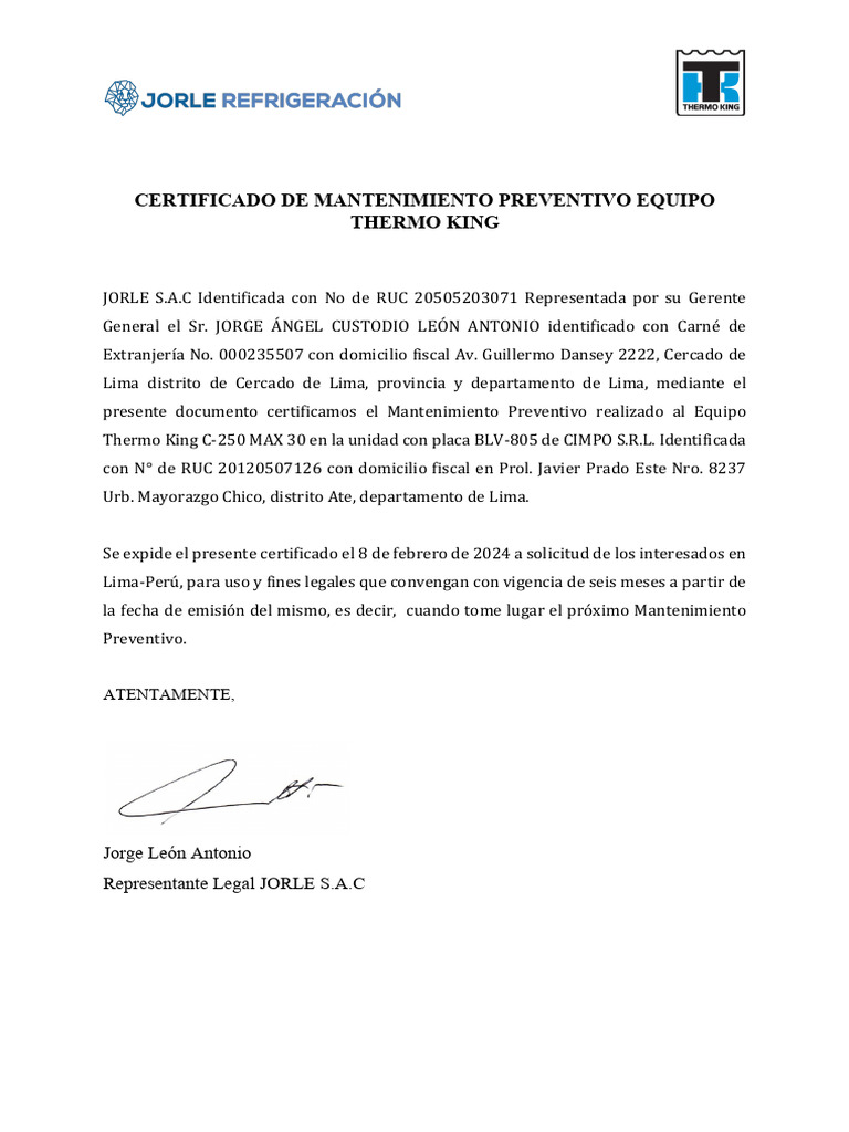 Certificado de Mantenimiento Preventivo Equipo Thermo King - Cimpo (Blv ...