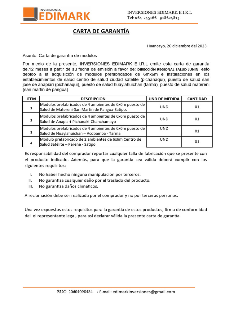Carta de Garantia - Edimark - Modulos Diresa | PDF