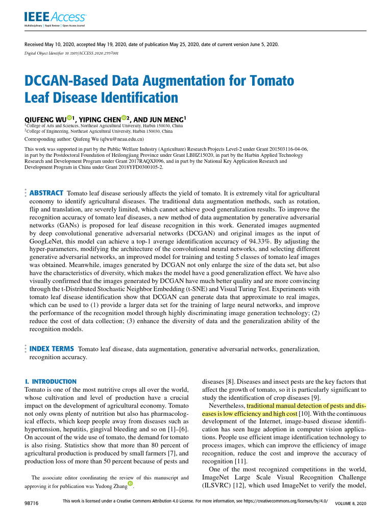 Qiufeng Wu Et Al 2020 Dcgan Based Data Augmentation For Tomato Leaf Disease Identification