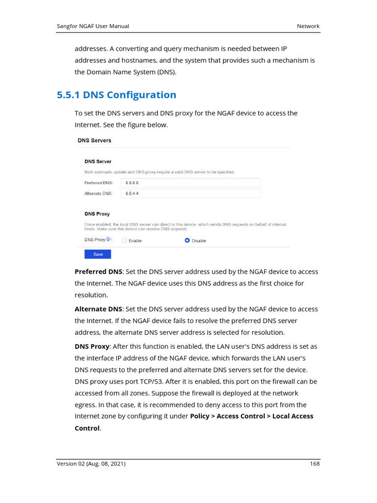 Sangfor - NGAF - v8.0.39 - User Manual - EN (DNS - Conf) | PDF | Domain Name System | Proxy Server