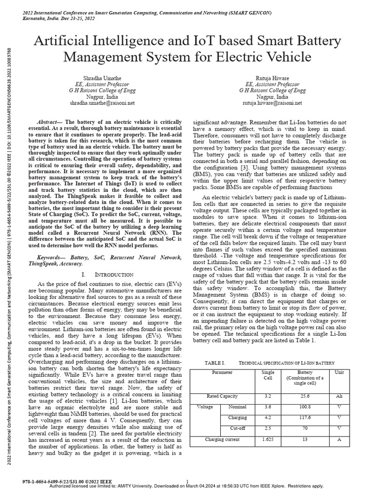 Artificial Intelligence and IoT Based Smart Battery Management System For Electric Vehicle | PDF ...