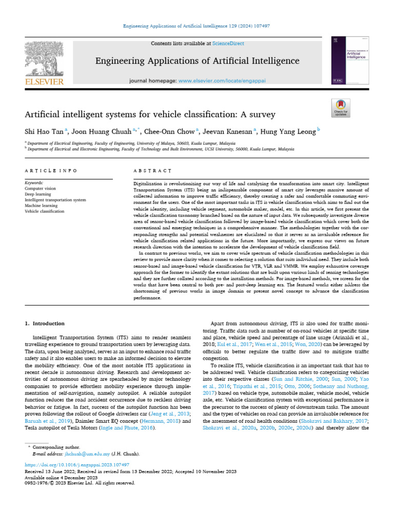 Artificial Intelligent Systems For Vehicle Classification A Survey ...