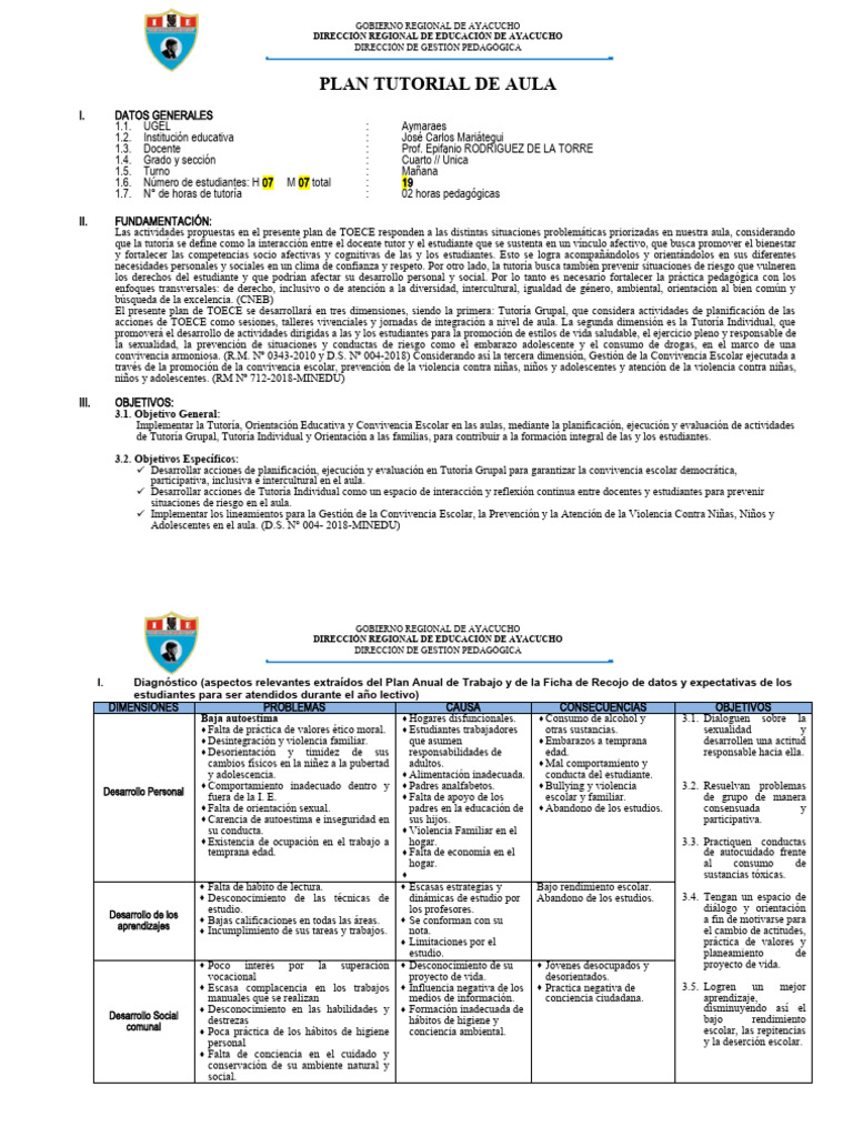 Plan Tutorial de Aula 4to 2024 | PDF | Desarrollo personal | Salón de clases