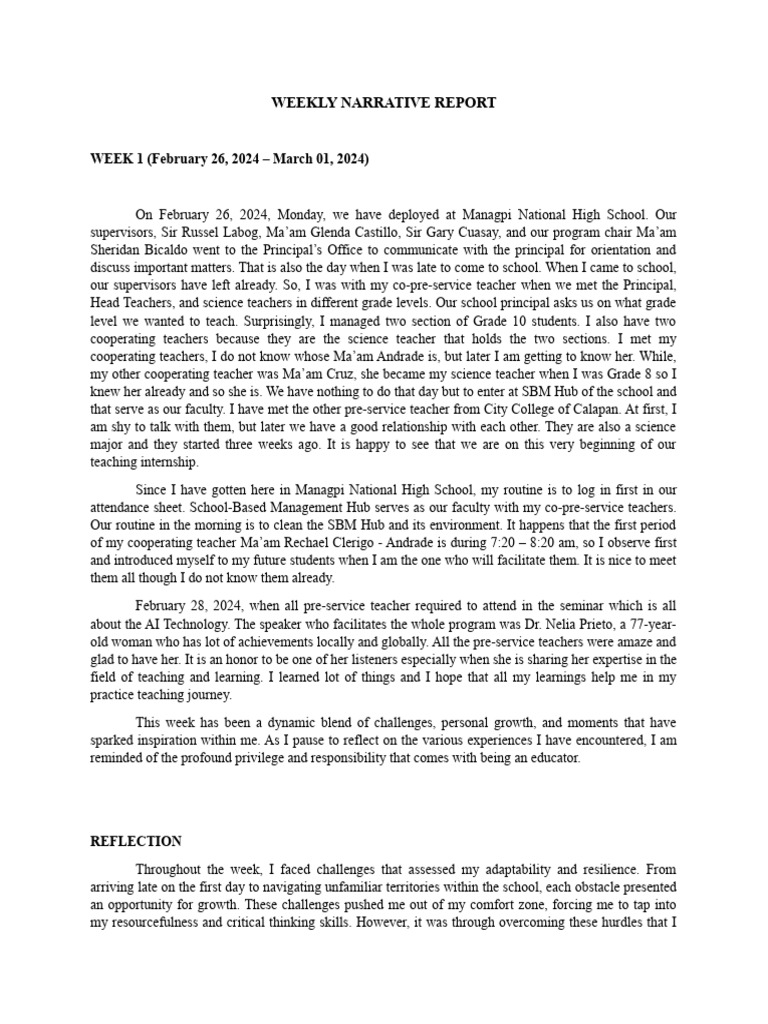 Weekly Narrative Report: Teaching Internship | PDF | Teachers | Learning