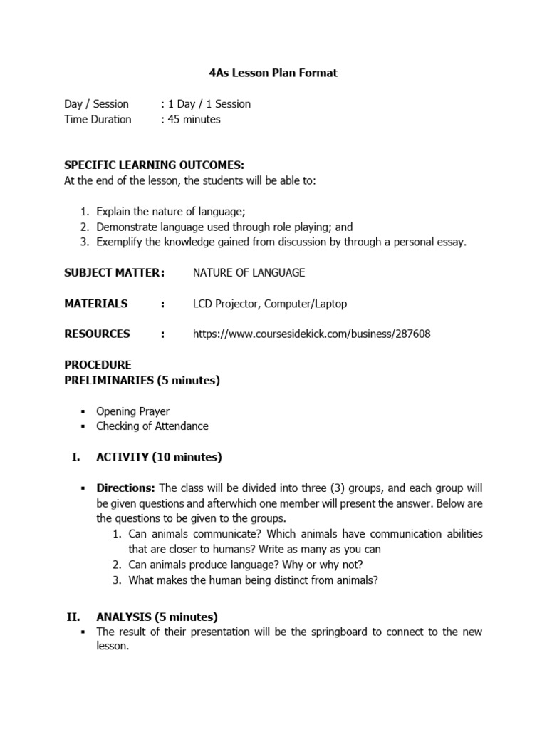 4as Lesson Plan Format | PDF | Communication | Abstraction