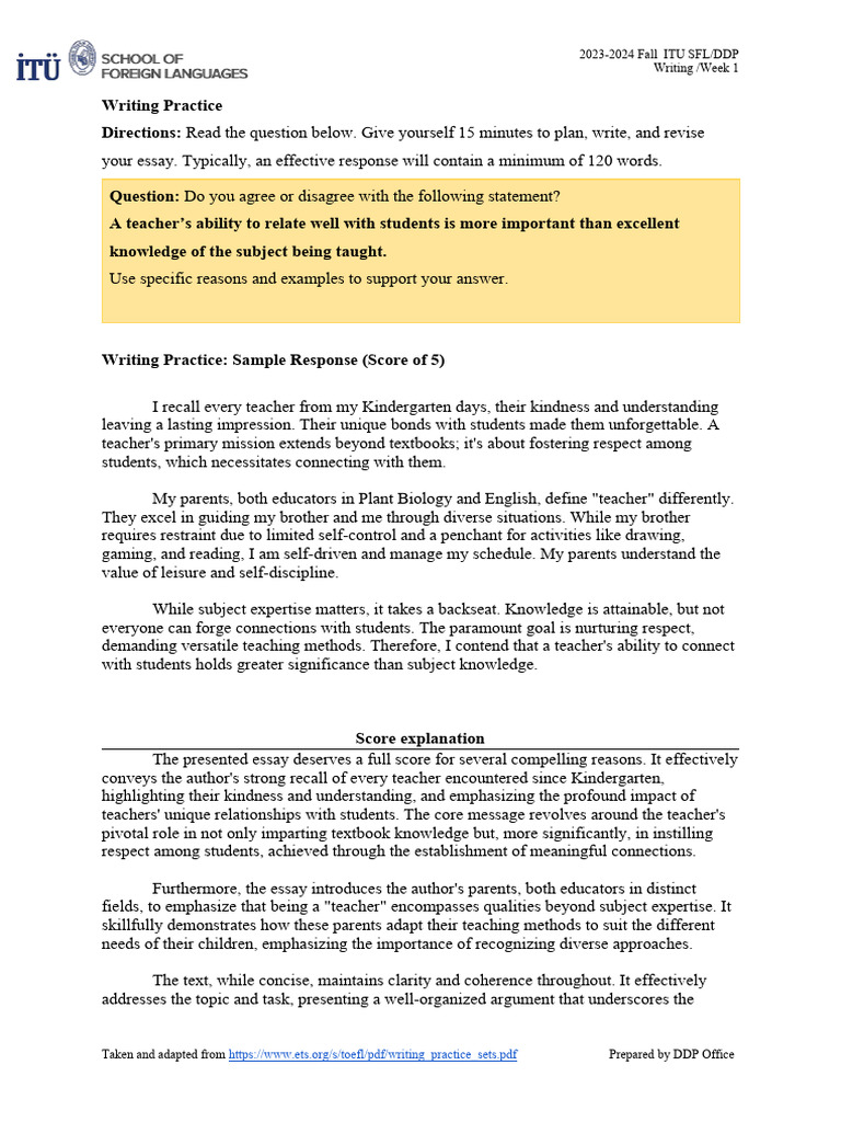 Writing Diagnostic Sample | PDF | Teachers | Knowledge