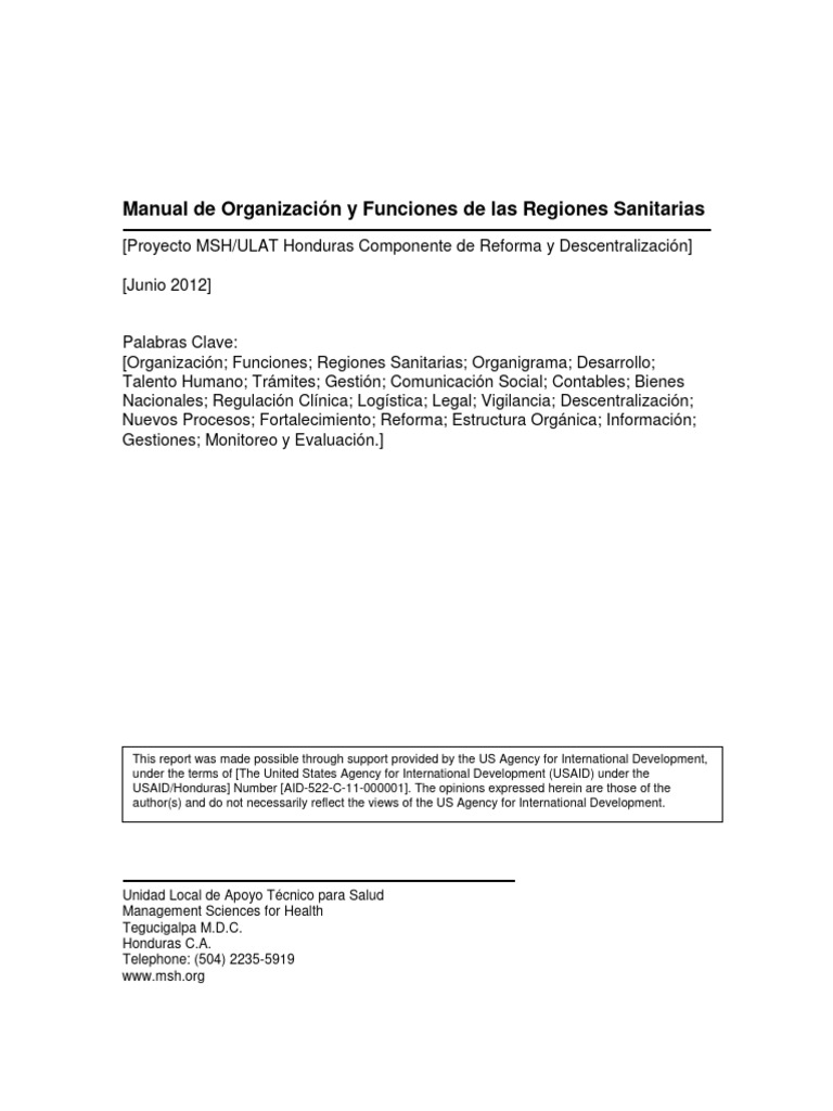 Manual de Organizaciones y Funciones de Las Regiones Sanitarias SESAL ...
