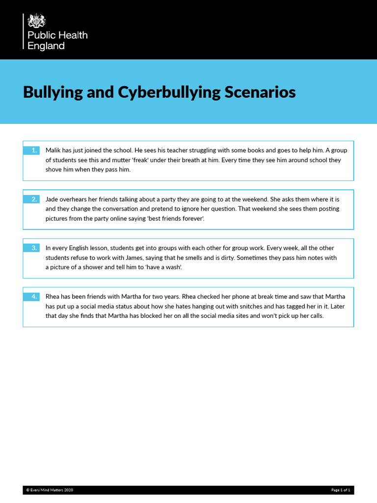 Every Mind Matters Bullying and Cyberbullying Scenarios KS34 | PDF ...