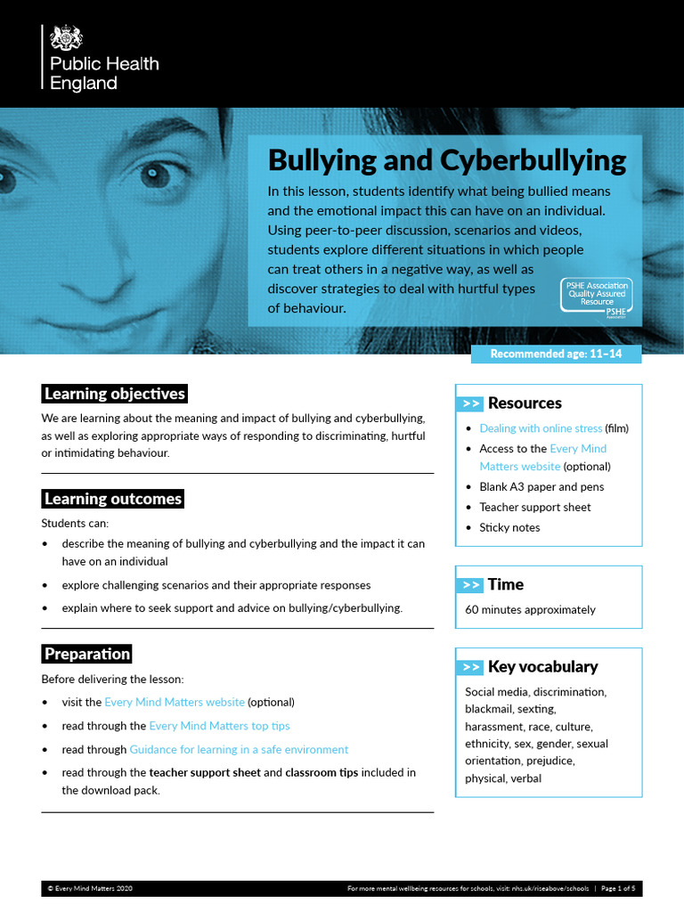 Every Mind Matters Bullying and Cyberbullying Lesson Plan KS34 | PDF ...