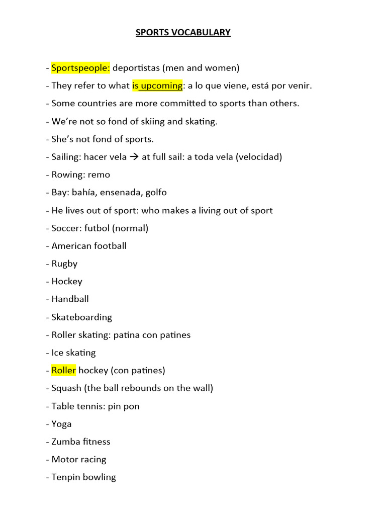 Sports Vocabulary PDF Sports Games Of Physical Skill