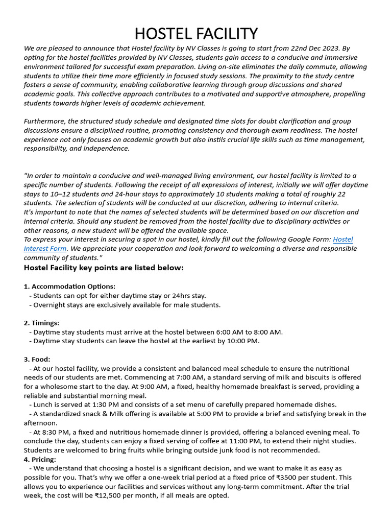 Hostel Facility | PDF | Meal