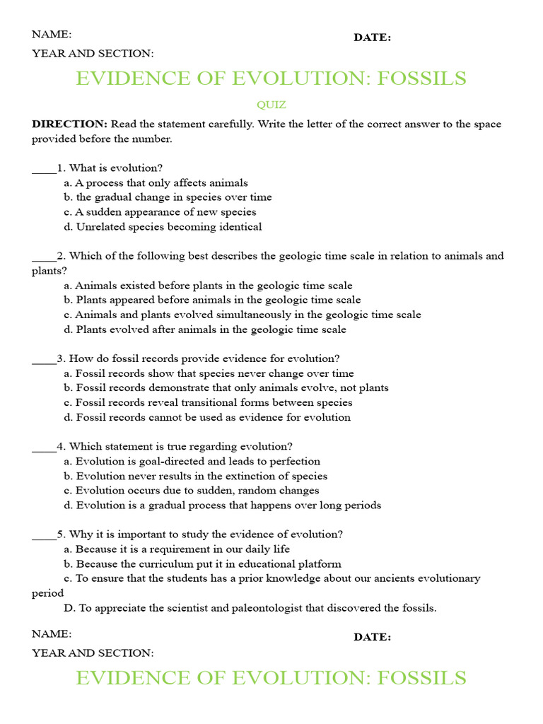 Day 1 - Quiz | PDF | Evolution | Fossil