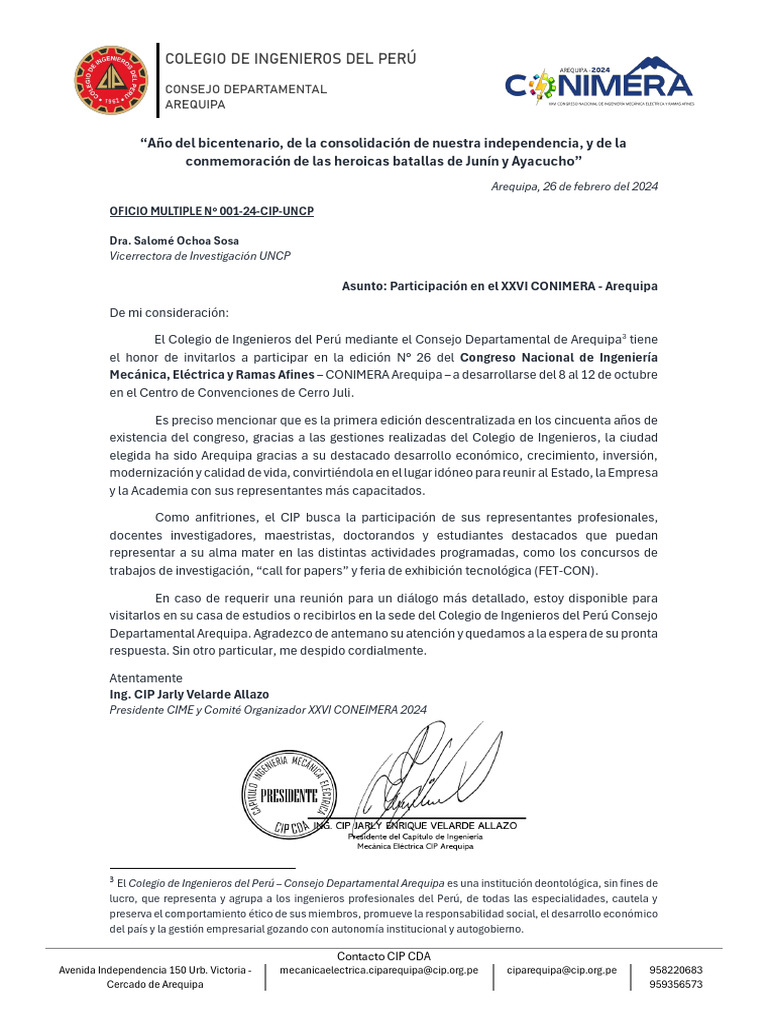 Oficio Multiple #001-24-Cip-Uncp Vri - Ofic. Mult. 027 Vri Cominera Arequipa | PDF | Perú