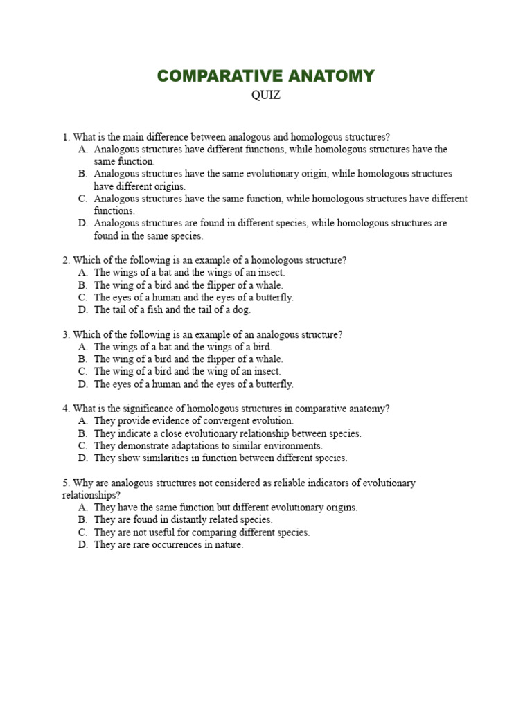 COMPARATIVE ANATOMY QUIZ | PDF
