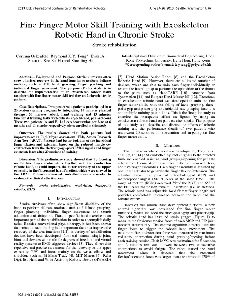 Fine Finger Motor Skill Training With Exoskeleton Robotic Hand in ...