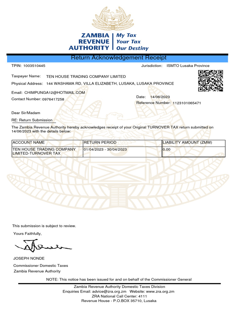 Zambia Turnover Tax Return Receipt | PDF