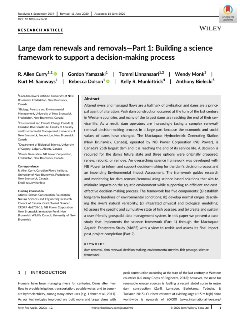 Large Dam Renewals and Removals - Part 1: Building A Science Framework To Support A Decision ...