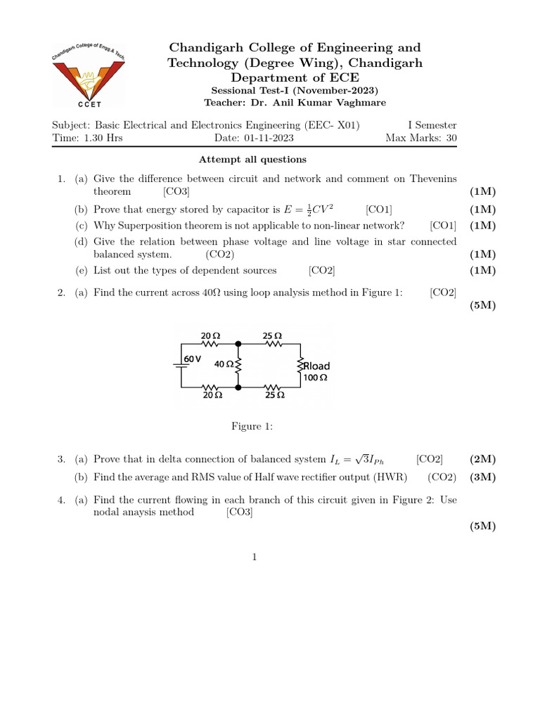 Question Paper BEEE-I Sessional | PDF