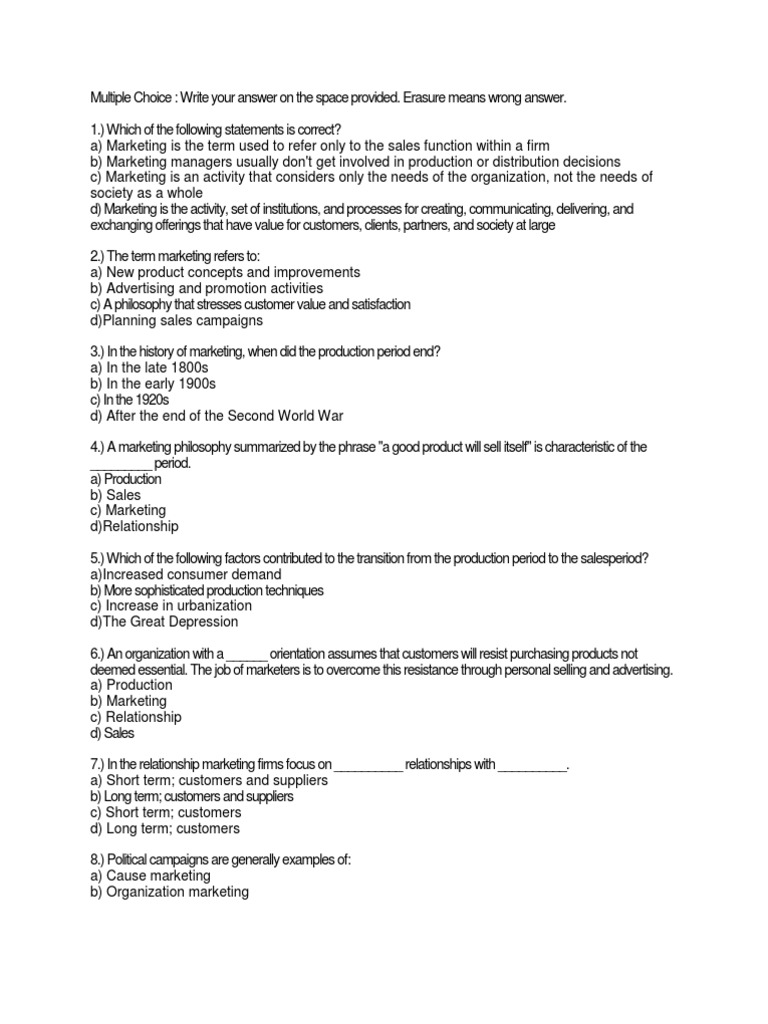 Multiple Choice-Marketting 3 | PDF | Self Actualization | Strategic ...