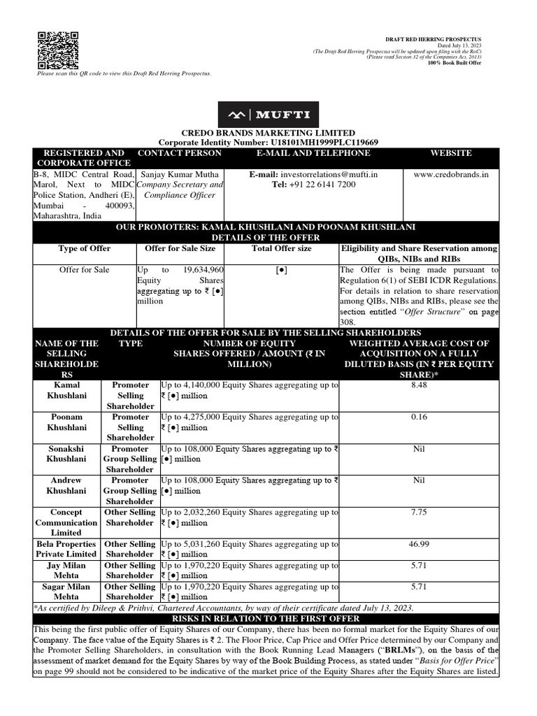 MUFTI - Credo Brands Marketing Limited Prospectus | PDF | Stocks ...