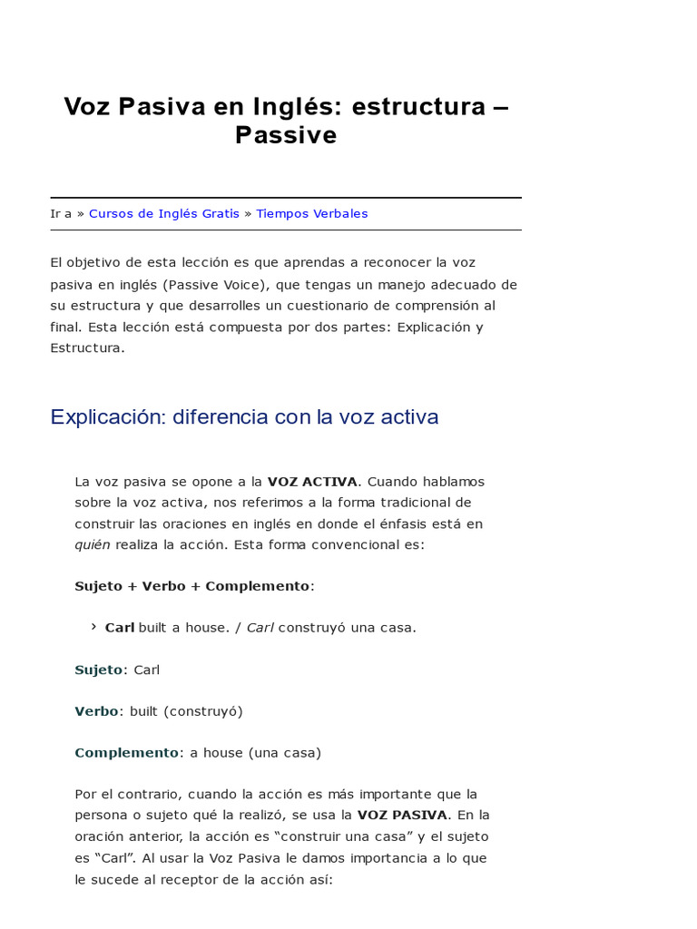 Voz Pasiva en Inglés - Estructura - Passive Voice | PDF | Verbo ...